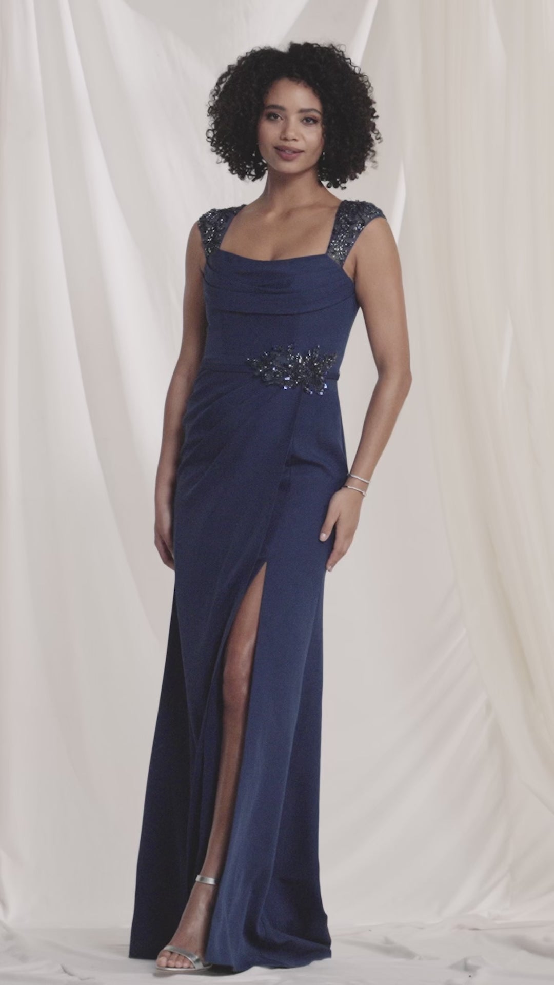 Draped Cap Sleeve Scuba Knit Evening Gown with Beaded Details - – Morilee