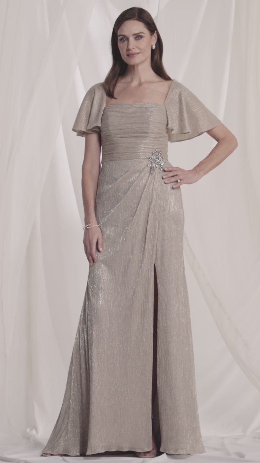 Asymmetrically Draped Metallic Knit Evening Gown with Flutter Sleeves ...